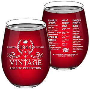 80th Birthday Gifts for Women Men - Vintage 1944 Limited Edition Stemless Wine Glass 15 oz- 80 Year Old Women Gifts -80th Birthday Gift and Home Use - 80 Year Old Birthday Party Decorations - 1 PACK