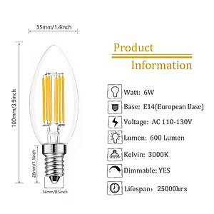 Lamsky E14 Dimmable LED Bulb,110V 600Lumens 60W Equivalent Warm White 3000K,E14 European Base Candelabra LED Bulbs,Clear Glass Torpedo Shape(10-Pack)