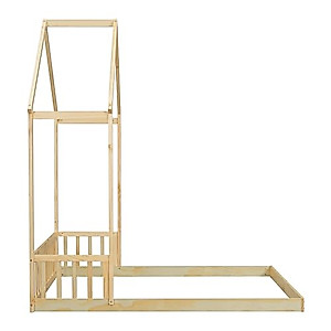 Bellemave Full Size Floor Bed for Kids, Montessori House Bed Frame with House Shape Roof and Semi-Fence, Wood Floor Bed for Boys, Girls, Low to Ground Height, Natural
