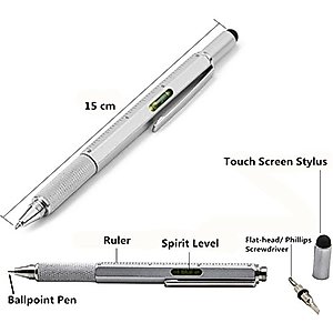 Multifunction Tool Pen, 6 in 1 Tool with Ballpoint Pen, Touch Screen Stylus, Ruler, Spirit Level, Flat-head and Phillips Screwdriver, All-in-One Tech-Tool Pen with Ink Refills (Yellow + 2×Refills)