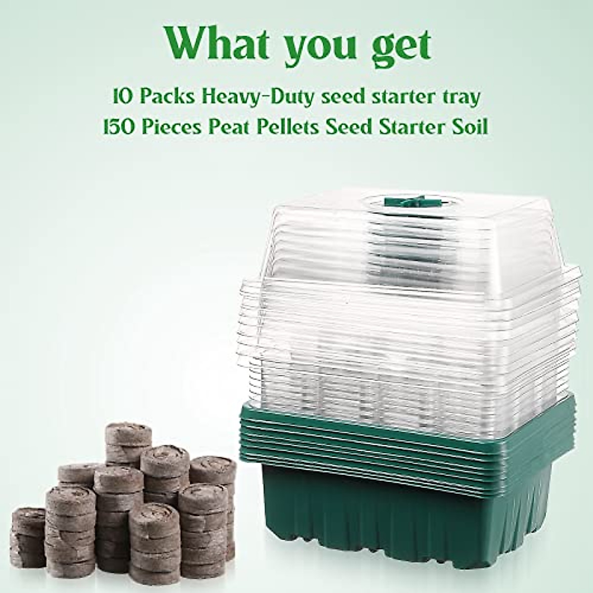 10 Pack Seed Starter Tray 120 Cells Total Tray 150 Peat Soil Peat Pellets for Seedlings Plant Grow Seed Box Tray with Adjustable Humidity Dome Base Garden Propagator Set for Plant Germination Growing