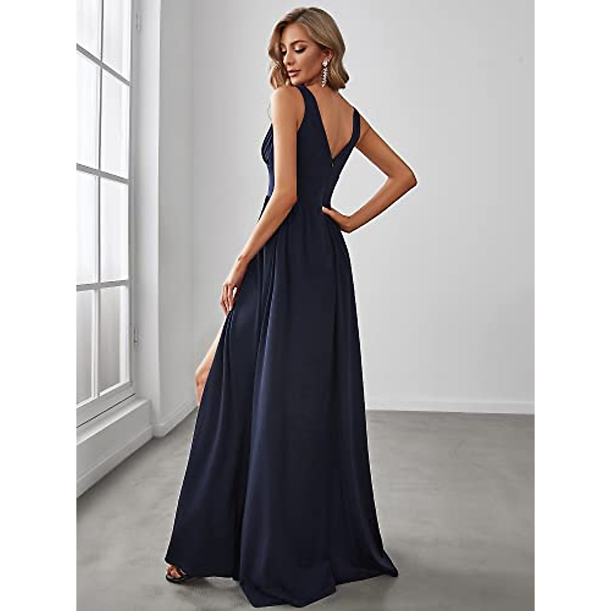 Ever-Pretty Women's Deep V-Neck Long High Elastic Knit Long Plain Evening Dresses Bridesmaid Dress Navy Blue US8