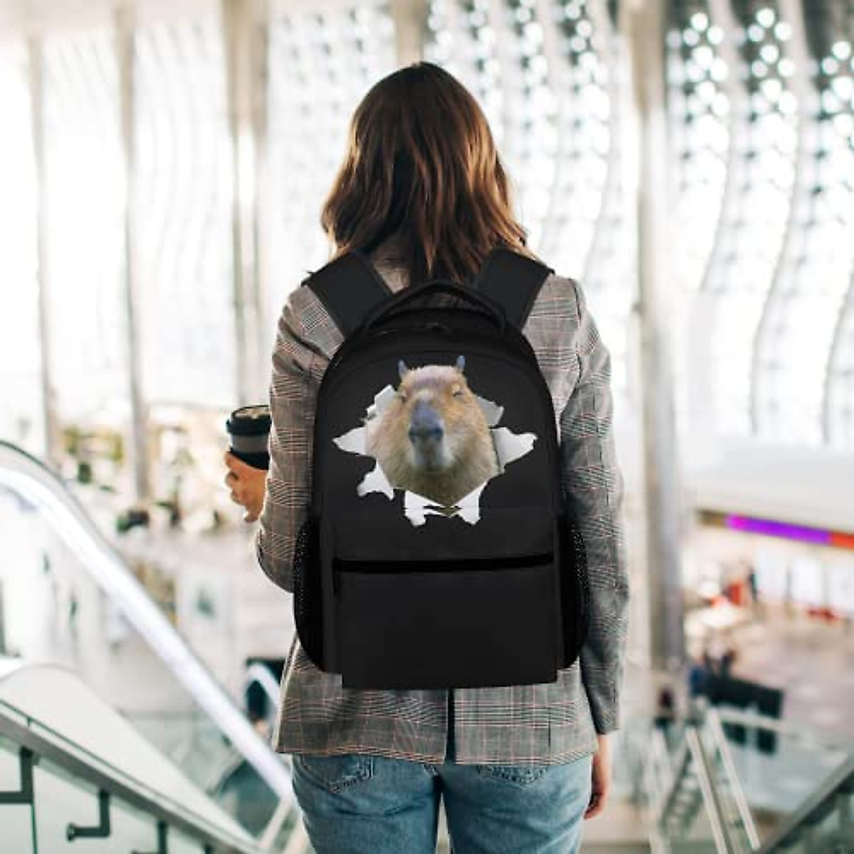 Homexzdiy Capybara Backpack for Girls Boys, 16" Black Backpacks for School, Cute Lightweight Bookbag for Kids Students, Gifts for Capybara Lovers