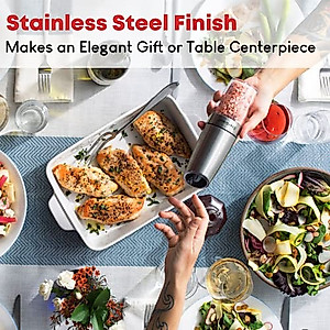 ChefGiant Electric Salt and Pepper Grinder - Automatic Gravity Activated Operation with LED Light | Adjustable Coarseness | Batteries Included | Bonus Spoon & Brush - Stainless Steel