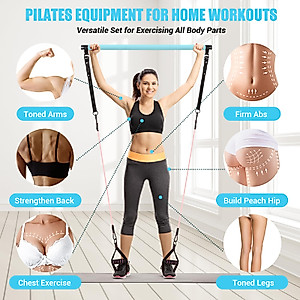 Pilates Bar Kit with Resistance Bands, Multifunctinal Exercise Bar with Resistance Bands for Pilates/Abs/Weight Loss, Portable Home Gym Pilates bar kit for Full Body Training Women - Blue