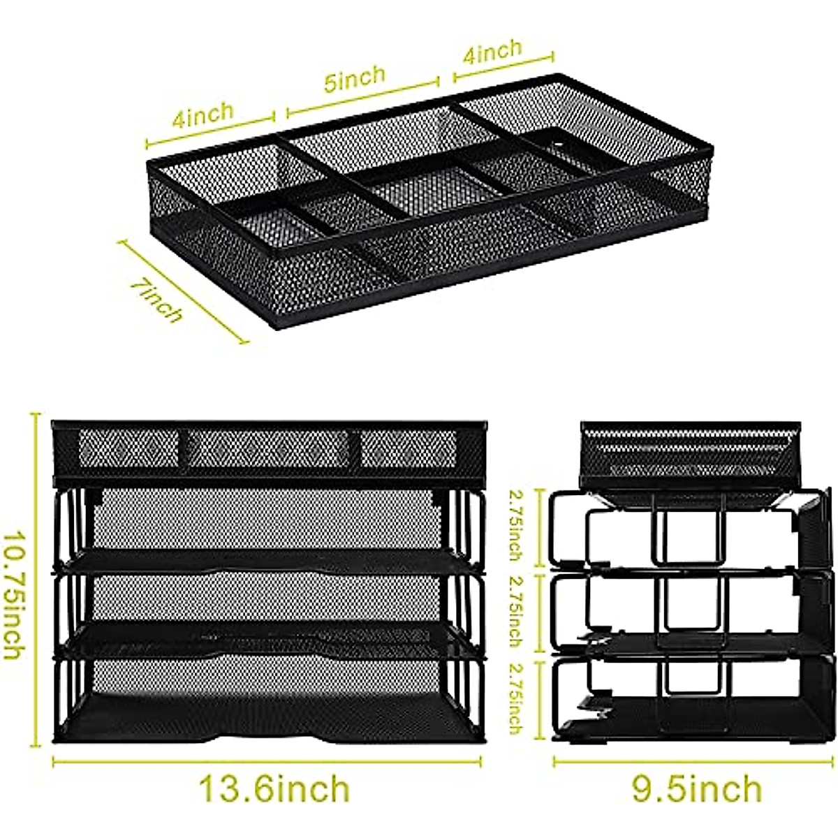 Meshist Paper Letter Tray Organizer, 3 Tier Stackable Desk File Organizer with Sorter，Black