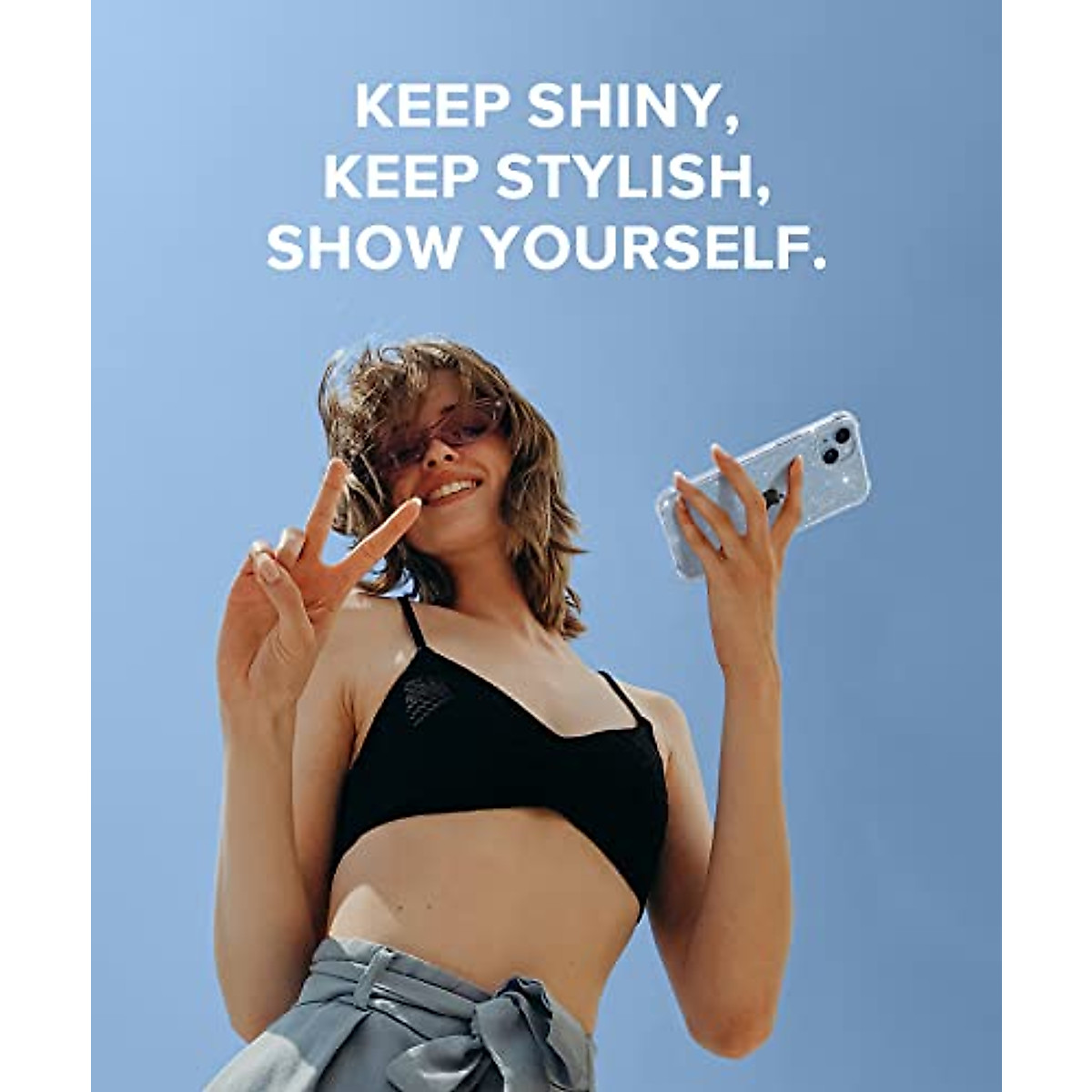 BERFY [5 in 1 for iPhone 14 Plus Case Clear Glitter, with 2X Screen Protector + 2X Camera Lens Protector [Non-Yellowing] Sparkle Bling Hard Shockproof Phone Case for Women Girls 6.7", Shiny Clear