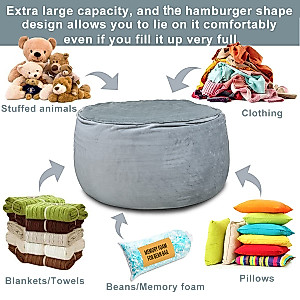Bean Bag Chair Cover, Stuffed Animal Storage, Plush Toys Organizer Holder, Beanbag Chairs Cover for Kids Teans and Adults Super Soft and Comfortable Fabric X-Large with Handle and Zipper -Round Grey