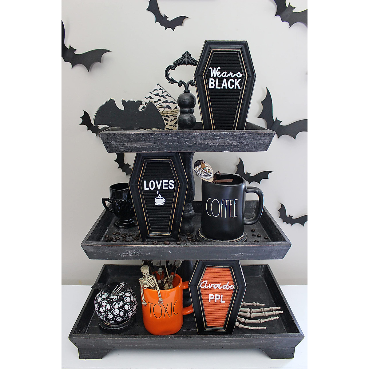 Large Rectangle Rustic Wood Three Tiered Tray, 3 Tier Serving for Coffee Bar, Kitchen Counter, Modern Farmhouse Table Decor, Cupcake Stand, Holiday - Felt Creative Home Goods (Black) with 3 Handles