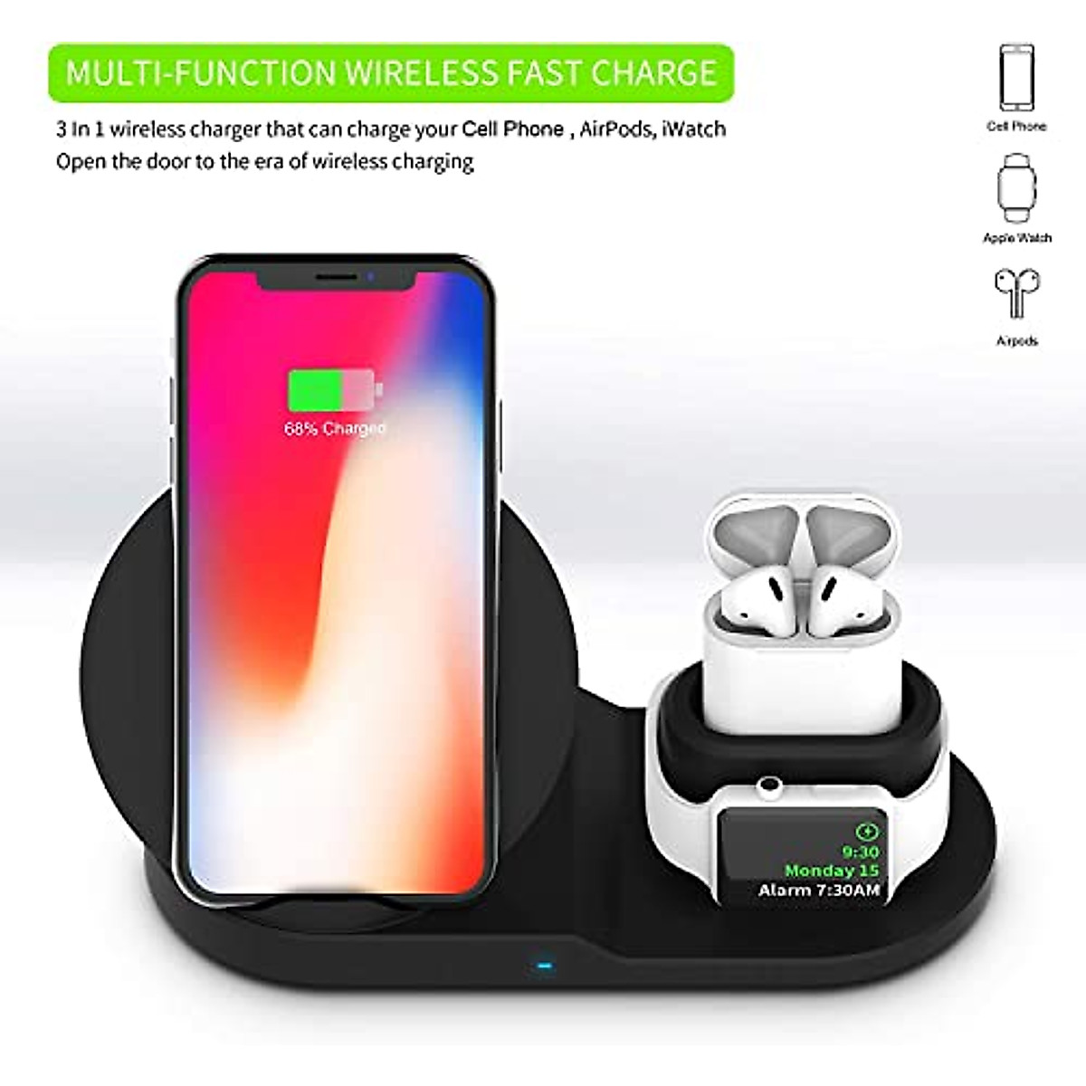 Wireless Charger, 3 in 1 Charging Station for Apple, Wireless Charging Stand Apple Watch Charger for Apple Watch and iPhone Airpod Compatible for iPhone X/XS/XR/Xs Max/8 Plus iWatch Airpods-Black