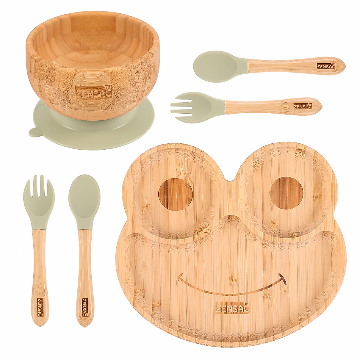 6PCS Bamboo Baby Feeding Set, Baby Suction Bowl & Plate with Silicone Spoons & Forks, Wooden Feeding Supplies for Infant & Toddlers, Baby Led Weaning Supplies Non Slip & BPA Free (Green-Frog)