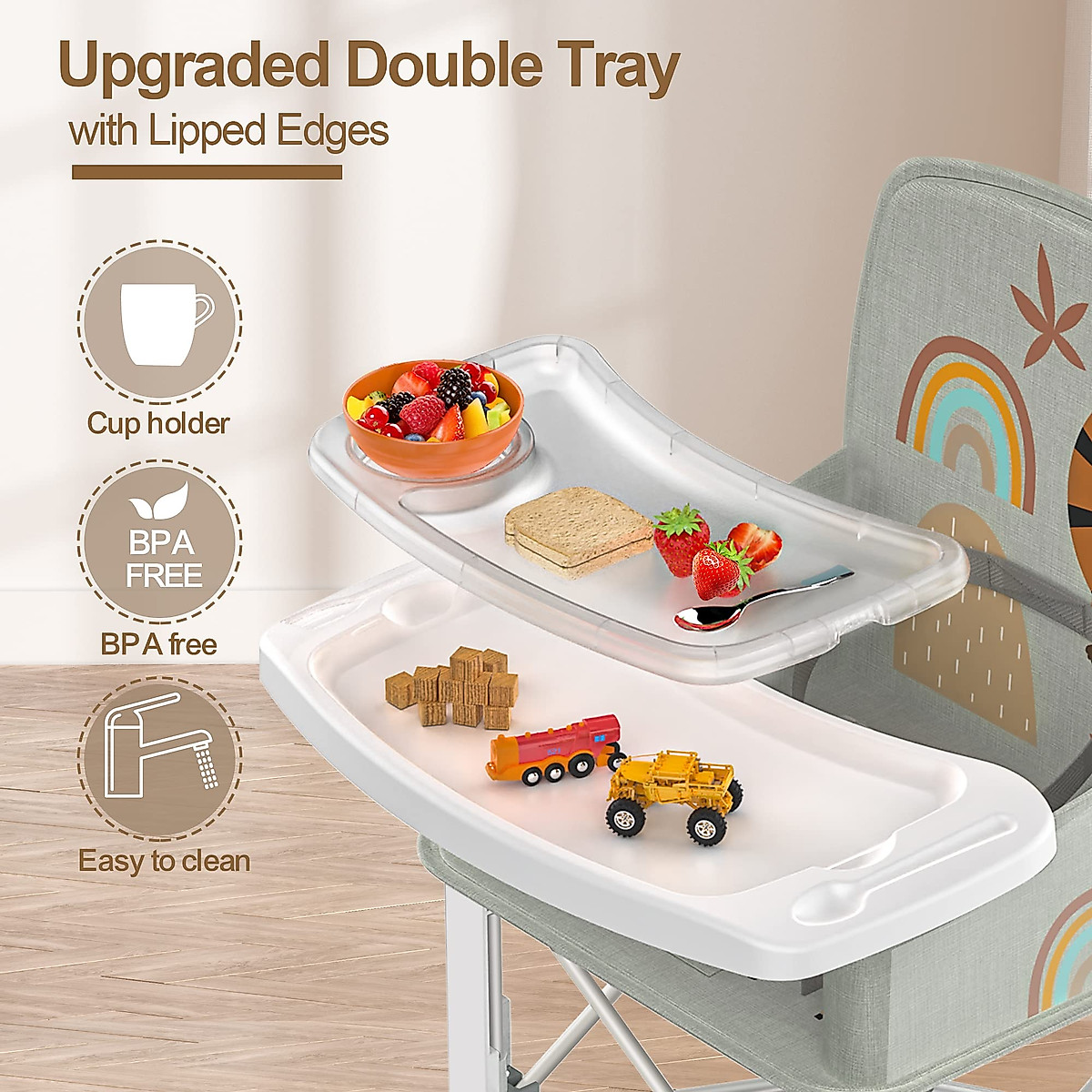 Baby Travel Booster Seat with Double Tray, BabyBond Upgraded Toddler Portable Baby Chair, Booster Seat for Dining Table, Stable and Foldable Booster Baby Chair for Indoor/Outdoor (Grey Lion)