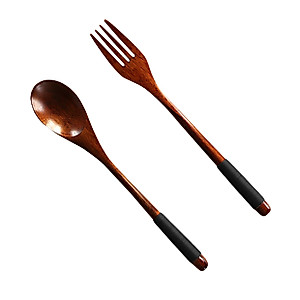 HOMSFOU 4pcs Japanese Wooden Handle Fork and Spoon Wood Soup Wood Cake Forks Stainless Steel Flatware Wooden Forks and Antique Flatware Wooden Tableware Kits Travel Salad Solid Wood