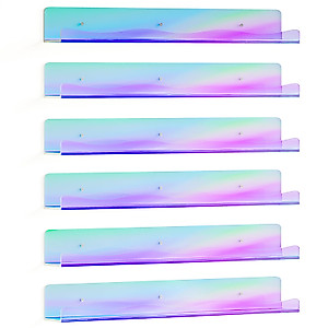 Fixwal 15 Inch Nail Polish Rack Wall Mounted Shelf, 6 Pack Clear Rainbow Iridescent Clear Acrylic Floating Display Shelves, Wall Mounted Rack for Nail Techs, Kids Wall Shelves, Display for Wall