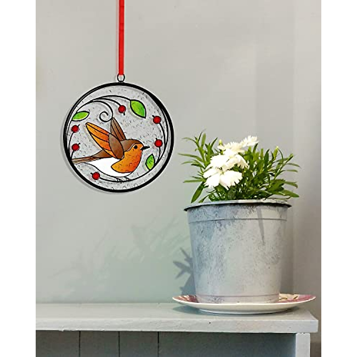 Bird Stained Glass Suncatcher Robin Bluebird Hand Painted Ornament Wall Window Hanging Double Side Redbreast Decor Birthday Lover Gift Box for Mom Grandma Teacher Women Friend with Memorial Card