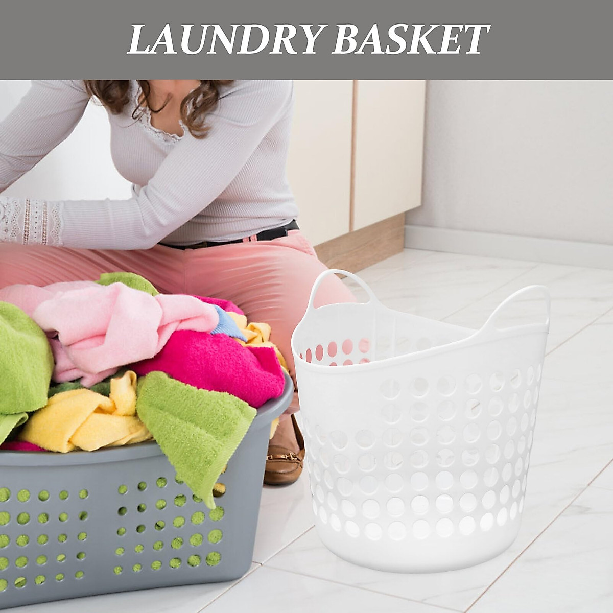 Cabilock Laundry Basket Plastic Laundry Hamper 30L Portable Round Bin with Carry Handles Laundry Bin Organizer Dirty Clothes Hamper for Bedroom Bathroom Towel Hamper for Wet Towels