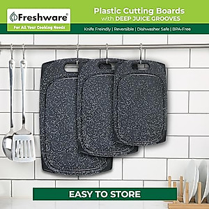 Plastic Cutting Boards for Kitchen, Cutting Board Set of 3, Juice Grooves with Easy Grip Handle, BPA-Free, Non-Porous, Dishwasher Safe, Black Marble