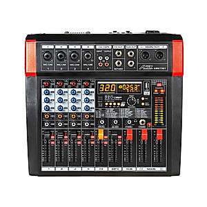 Audio2000'S AMX7381 Four-Channel Powered Audio Mixer with 320 DSP Sound Effects, Stereo Sub Out with Sub-Out Level-Control Fader, Level-Control Faders on All Channels, and USB/Computer Interface