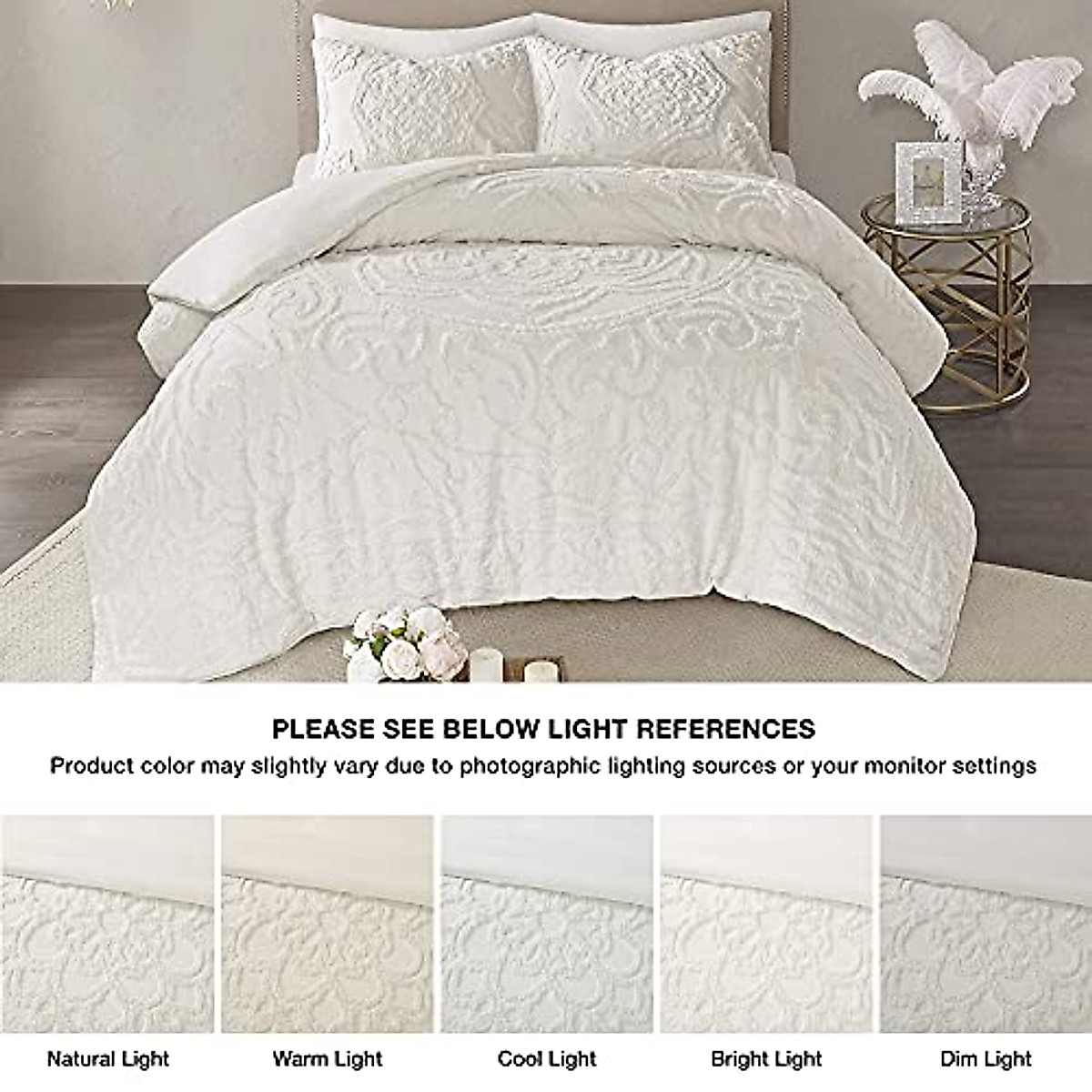 Madison Park Laetitia Comforter Bohemian Tufted Cotton Chenille, Medallion Shabby Chic All Season Down Alternative Bed Set with Matching Shams, Floral Off White King/Cal King(104"x92") 3 Piece