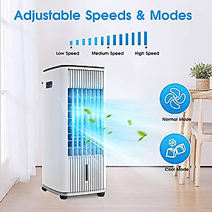 Evaporative Air Cooler Air Conditioner Portable with Remote Control, 50 Degree Oscillation, 3 Speeds & Adjustable Modes, 15 Hour Timer with Ice Packs for Home Office School Outdoor