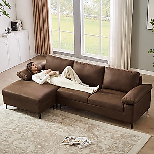 100.8" Sectional Sofa,Faux Leather Couch with Reversible Chaise,Mid-Century L Shaped Sofa Couch for Living Room, Apartment,Office (Dark Brown, Loveseat)