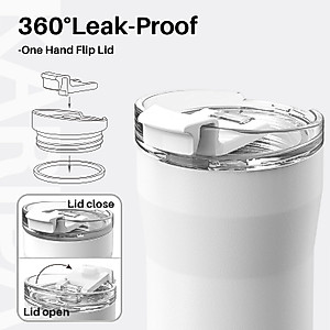 SANTECO Travel Coffee Mug 12 oz, Insulated Coffee Cups with Flip Lid, Stainless Steel Coffee Mugs Spill Proof, Double Wall Vacuum Tumblers, Reusable To Go Mug for Hot/Ice Coffee Tea - White