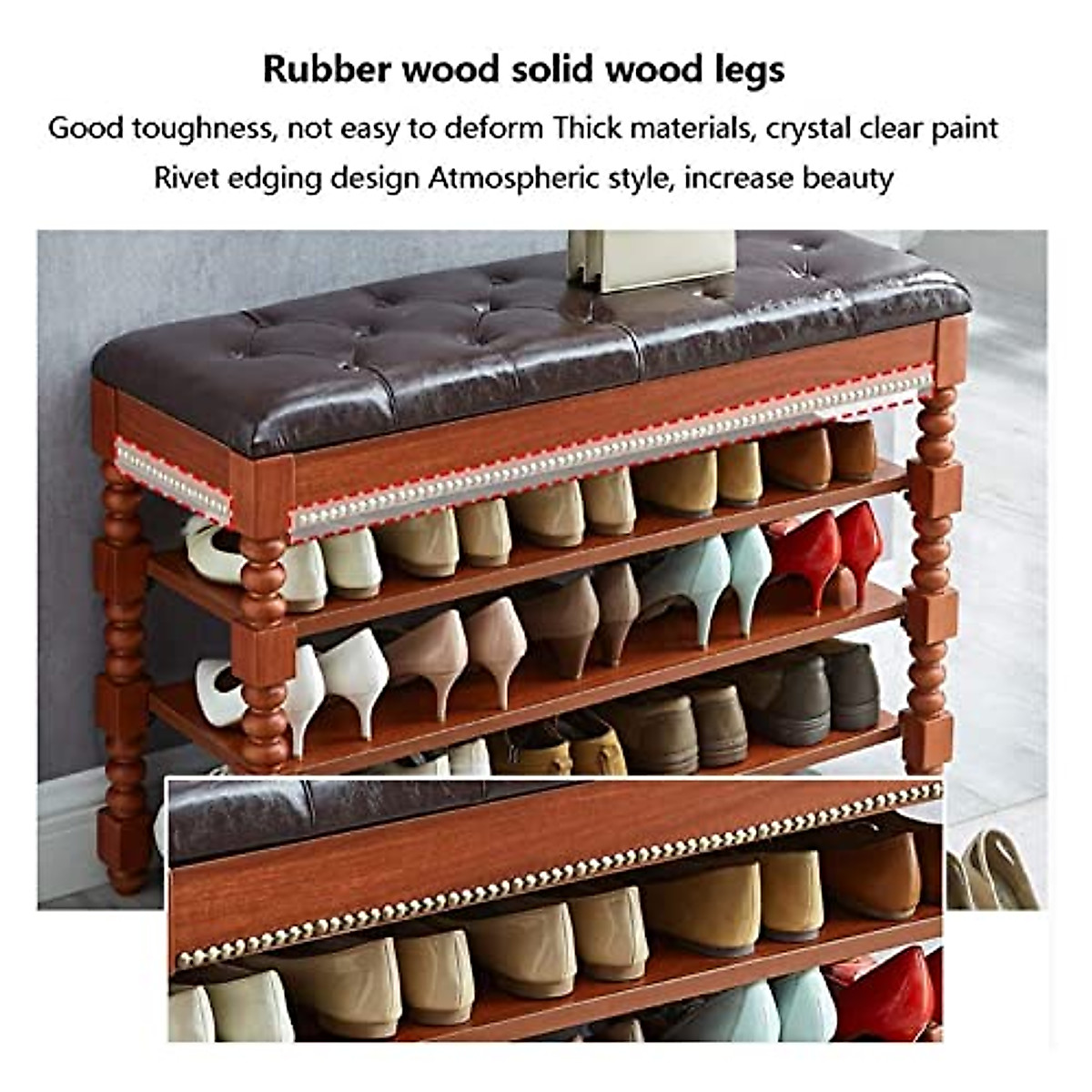 ALDEPO Shoe Cabinet Shoe Stool 2/3 Layers Shoe Bench in Entrance Hallway Shoe Rack Solid Wood Storage Cabinet with PU Seat Cushion Living Room Hotel Bedroom Wardrobe Retro Style Easy Like