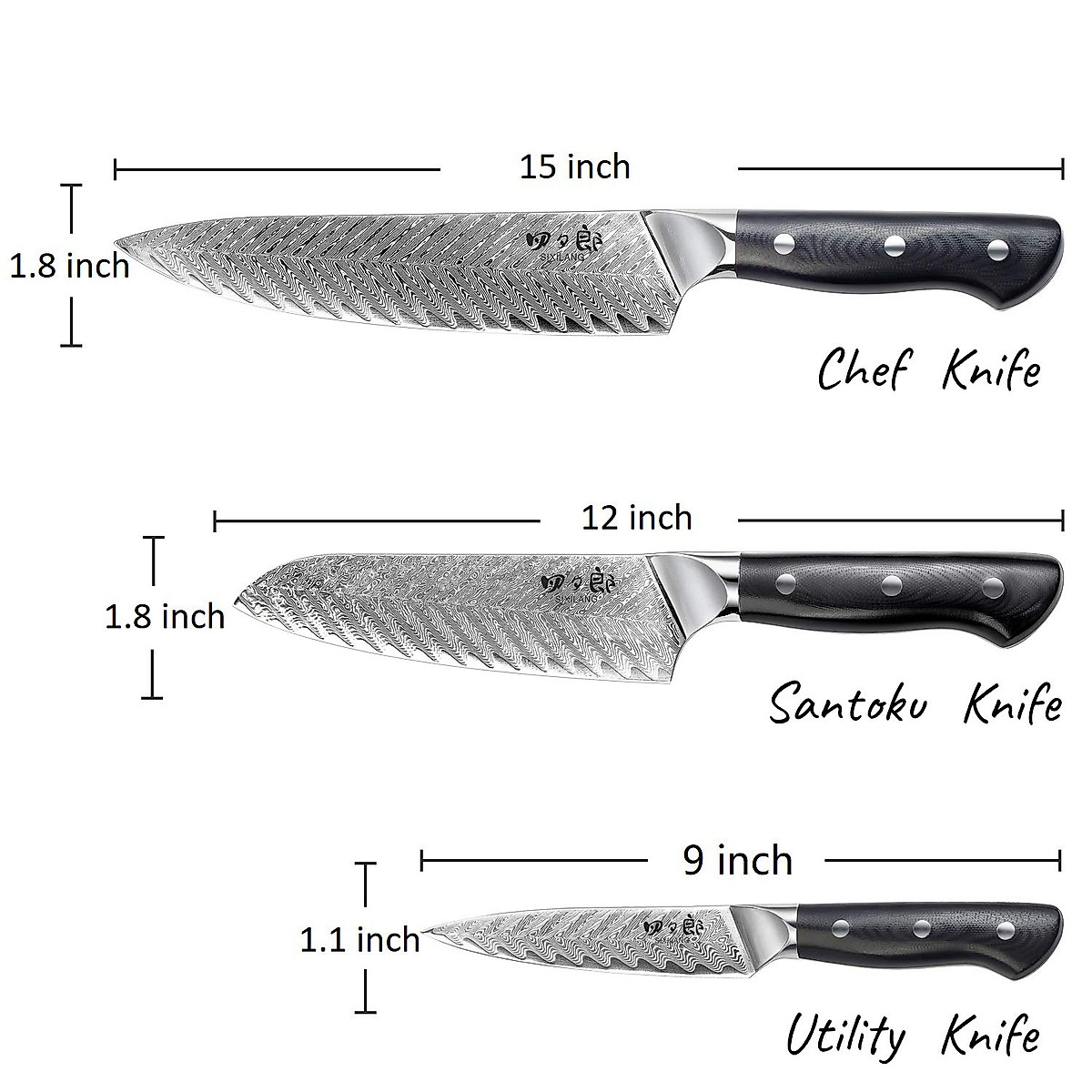 SIXILANG Knife Set, 3 PCS Professional Damascus Chef Knives, 67 Layer Japanese AUS10 Steel Core Forged Kitchen Knives, Well-Balanced Full Tang Handle Triple Rivet Handle - Black Gift Box