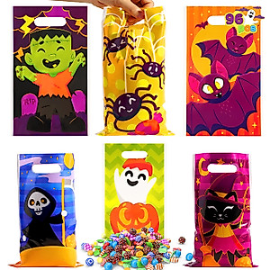 JOYIN 96 Pcs Halloween Candy Treat Bags in 6 Multi Character Designs, Halloween Goodie Gift Bags Party Favors, Halloween Trick or Treat Bags, Event Party Supplies