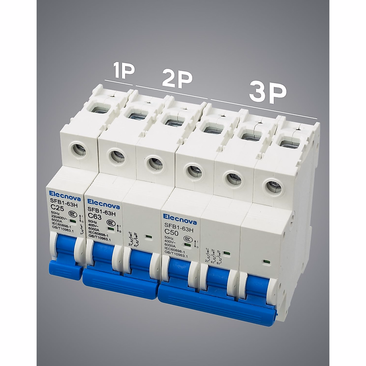 Elecnova 6-63A Miniature Circuit Breaker, AC 3 Pole 400V, DIN Rail Mounted 50 amp Breaker, Thermal Magnetic Trip, 110V / 120V Available, Overload, Short-Circuit Protection