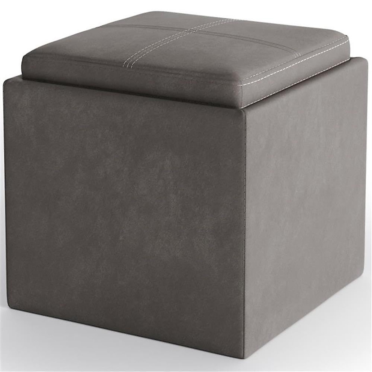 SIMPLIHOME Rockwood 18 inch Wide Contemporary Square Cube Storage Ottoman with Tray in Distressed Slate Grey Vegan Faux Leather, Assembled, for the Living Room, Entryway and Family Room