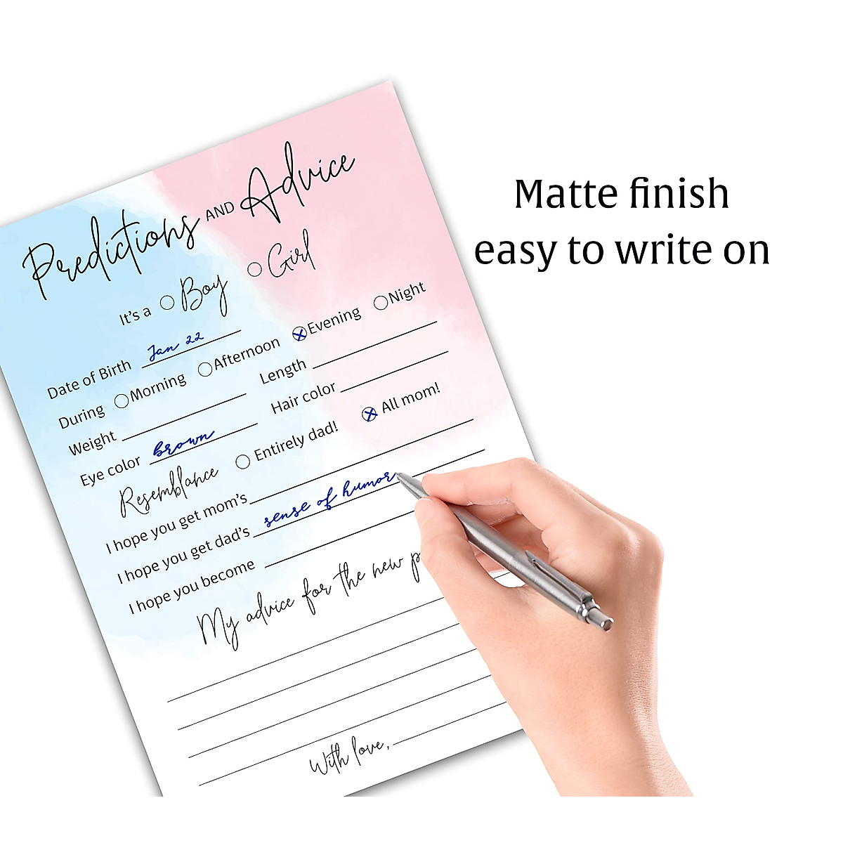 GENDER REVEAL Prediction and Advice Cards - Pack of 25 - Minimalist Blue or Pink Baby Shower Games, New Parents, Mom & Dad to be, Mommy & Daddy Message, Coed Shower Activity Keepsake Book G752-PDAV