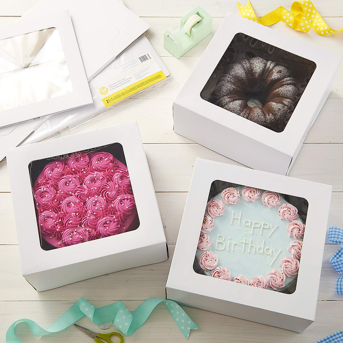 Wilton 12-Inch Cake Boxes with Windows for 10-Inch Cakes, White, Sturdy Cardboard, 6-Count