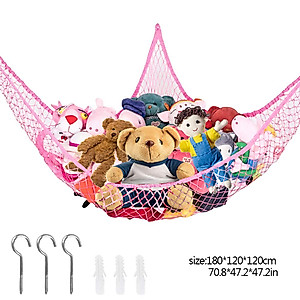 Toy Storage Hammock Net Wall Sling Corner Mesh Nets Stuffed Animal Organizer Storage Net Best for Keeping Rooms Clean for Kids Toys Toy is Durable and Easy to Install Pink