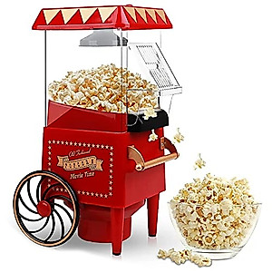 Popcorn Cart, Hot Air Popcorn Machine Vintage Tabletop Electric Popcorn Popper, Healthy and Quick Snack for Home Party Christmas and Movie Nights