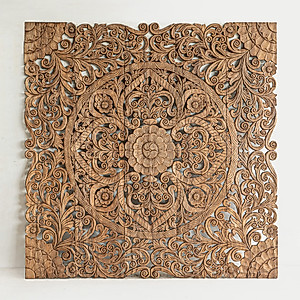 Boho Wood Carve Hanging Headboard, Texas King Size Back Bed, Wall Mounted Carving from Thailand, Brown Color, 80 inches