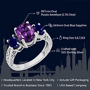 Gem Stone King 925 Sterling Silver Purple Amethyst and Blue Sapphire 3-Stone Ring For Women (2.76 Cttw, Gemstone Birthstone Available 5,6,7,8,9) (Size 7)