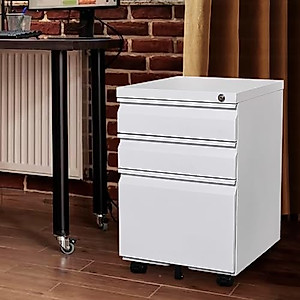 HOMEER 3 Drawer Mobile Locking File Cabinet,Anti-tilt Design Metal Vertical Filing Cabinet,Rolling Desk Filing Cabinet fits Letter/Legal Size for Home Office (White)