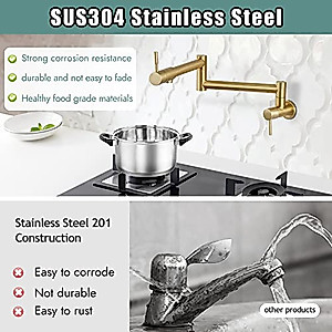 Heyalan Pot Filler 19 Inch Wall Mount Folding Stretchable Kitchen Restaurant Faucet Stainless Steel Pot Filler Double Joint Swing Arm Two Handles Commercial NPT,Straight Handle,Brushed Gold