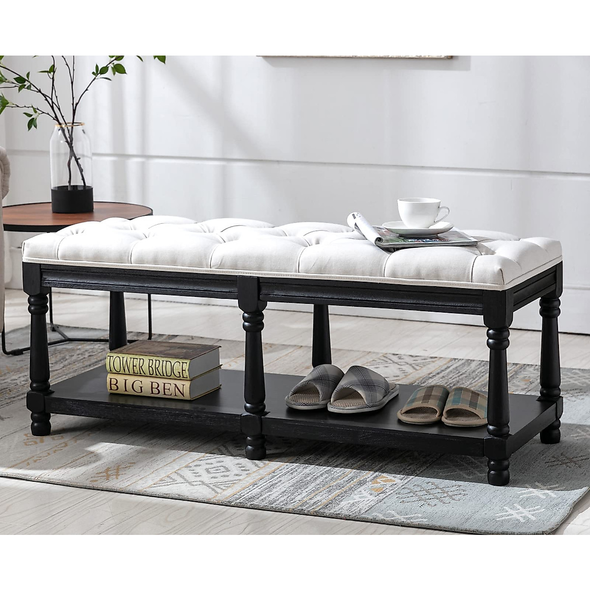 Kmax Storage Entryway Bench Tufted Shoe Rack Bench Black Wood Window Bench for Hallway Entrance Bedroom Corner, Beige