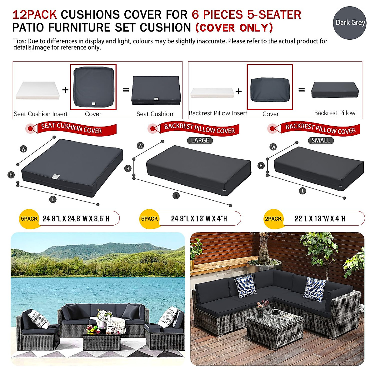 ClawsCover 12Pack Outdoor Seat and Back Cushions Replacement Covers Fit for 6Pieces 5-Seater Wicker Rattan Patio Furniture Conversation Set Sectional Couch Chairs,Dark Grey-Include Cover Only