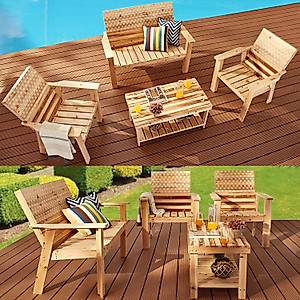 PatioFestival Patio Conversation Sets 4Pcs Wooden Grain Outdoor Furniture Sets with Star Pattern Back Wide Armrest, Chairs & Coffee Table