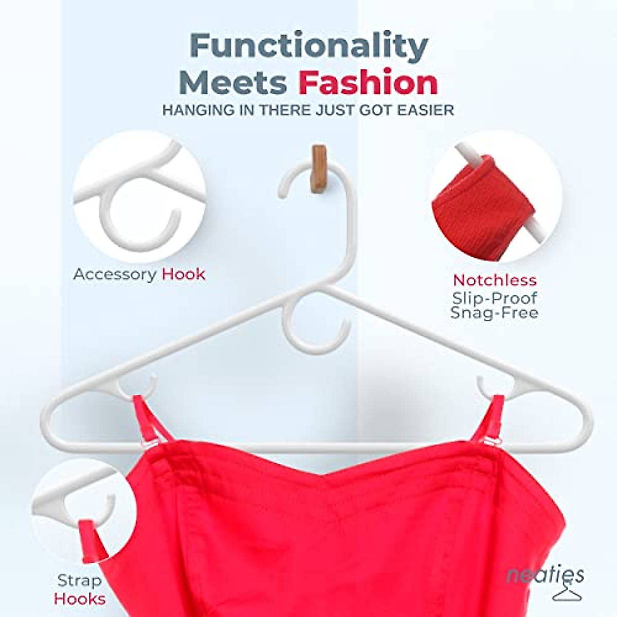 Neaties Heavy-Duty Plastic Hangers White (12, 24, 36 Packs) with Strap Hooks - Non-Slip Heavy-Duty Plastic Clothes Hangers with Accessory Hook for Suits, Coats, Dress, Shirts, or Belts (36 Pack)