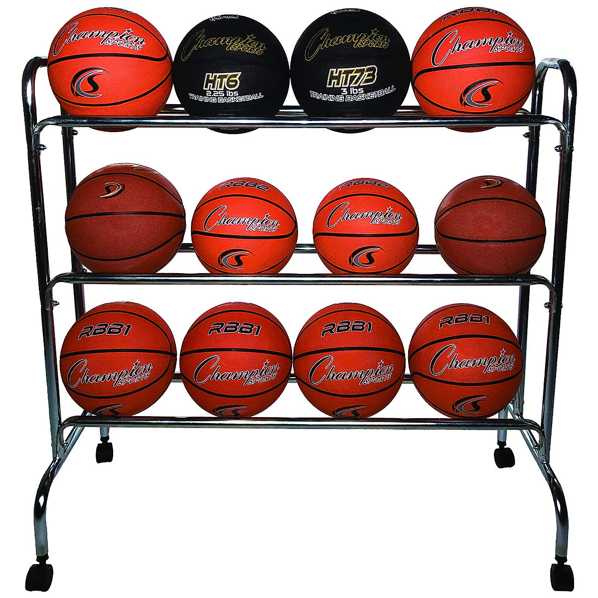 Champion Sports Three Tier Basketball Storage Cart Rack, 12 Ball Capacity (Silver)