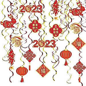 Chinese New Year Decoration Hanging Swirls, 30Pack 2023 Year of rabbit Ornaments Chinese Fu Character Décor Chinese Spring Festival Party Supplies