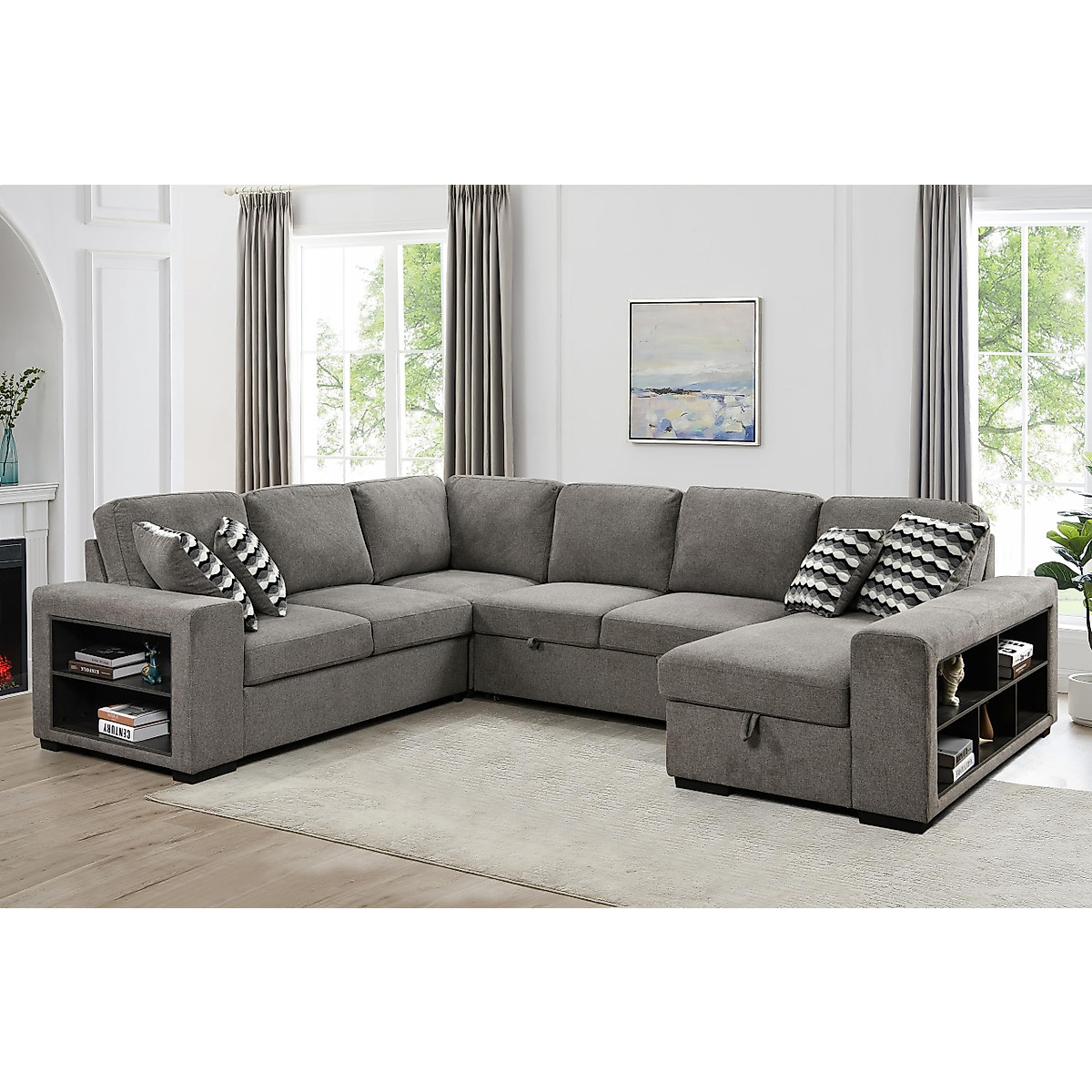RENDGO 125'' U Shaped Oversized Sectional Sofa Couch with Cabinet,7 Seat Sectional Sleeper Sofa Bed with Storage Chaise, Pull Out Bed for Living Room,Grey