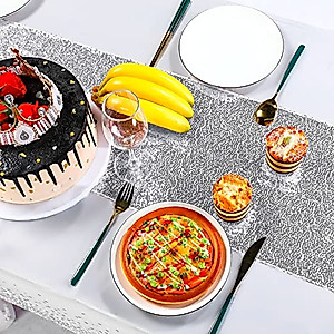 Tablecloth and Sequin Table Runner Set Polka Dots Confetti Table Cover Dining Plastic Table Cloths Glitter Decorations for Birthday Wedding Anniversary Party Supplies (White, Silver, 2 Pcs)