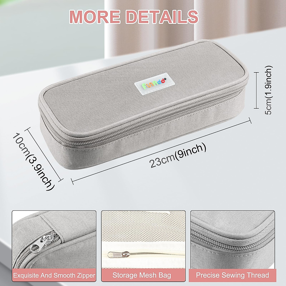 LOPURS Large Capacity Pen Box, Aesthetic Pencil Pouch with Zipper Compartments, Portable Stationery Box for Teen Boys Girls Adults (Grey, 9" Lx3.9 Wx1.9 H)