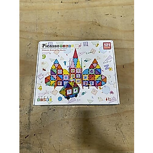 PicassoTiles 121 pc Master Builder Magnetic Building Block Construction Set Magnet Tiles Blocks with Car Truck, 2 Character Action Figures, 28 Educational Alphabet Animal and Number Graphics, Windmill