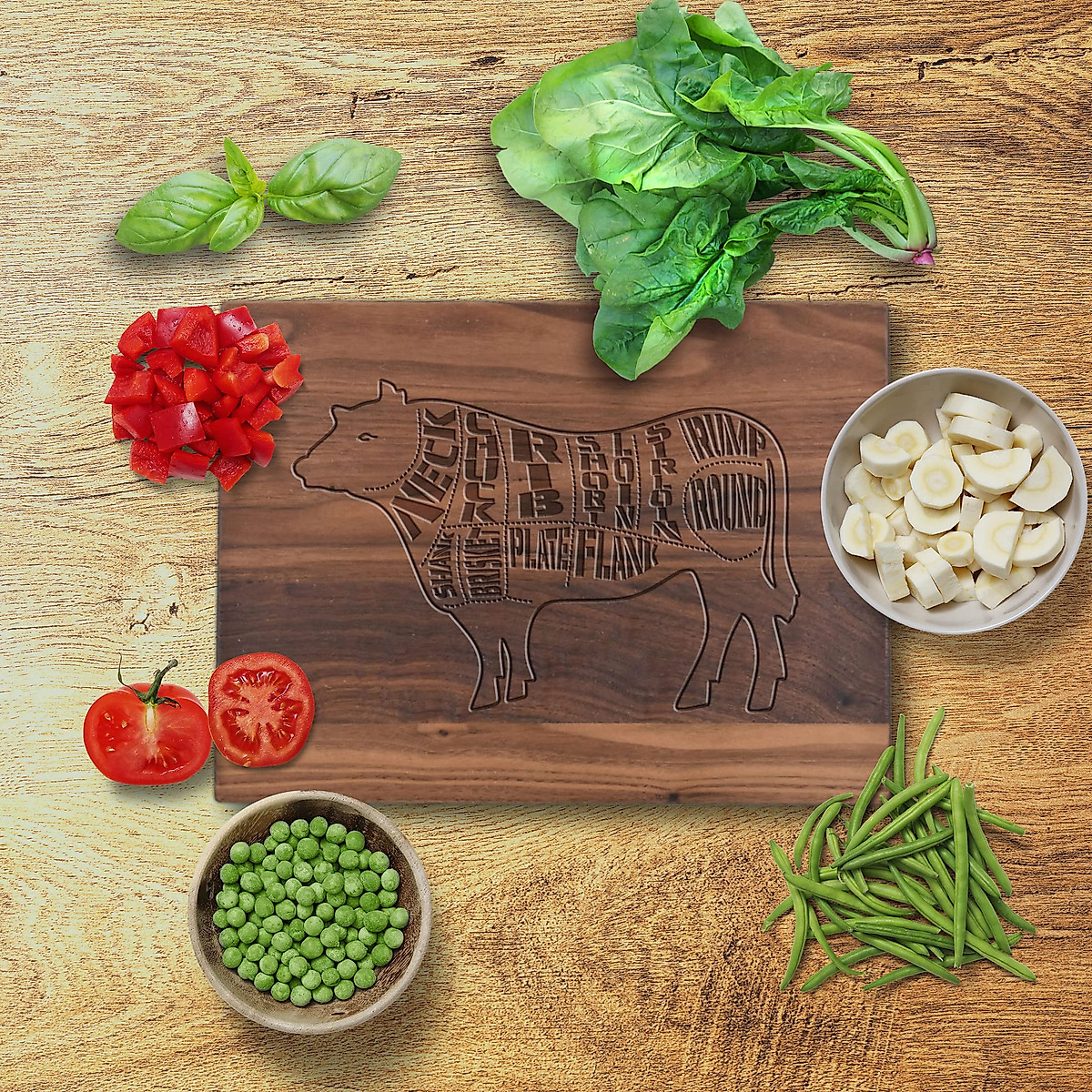 Angus Beef Cuts of Meat Engraved Wooden Cutting Board - Nice Grilling Gift Idea Butcher BBQ Chef Pitboss Birthday Present - Wood Cow Chopping Block Kitchen Decor - Handmade in USA - Small Walnut